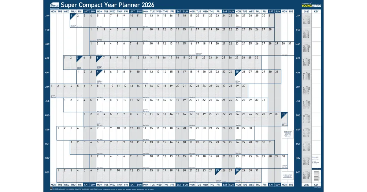 Sasco 2026 Super Compact Year Wall Planner with wet wipe pen & sticker ...