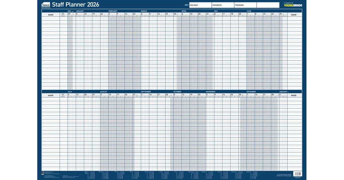 Sasco 2026 Staff Year Wall Planner with wet wipe pen & sticker pack ...