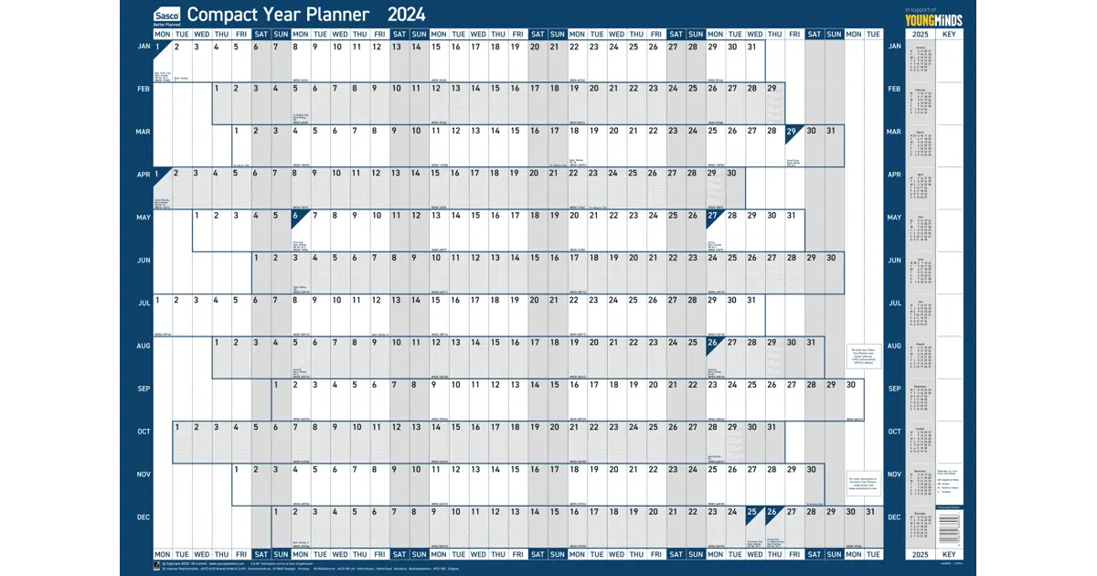 Sasco 2024 Compact Year Wall Planner Landscape with wet wipe pen ...
